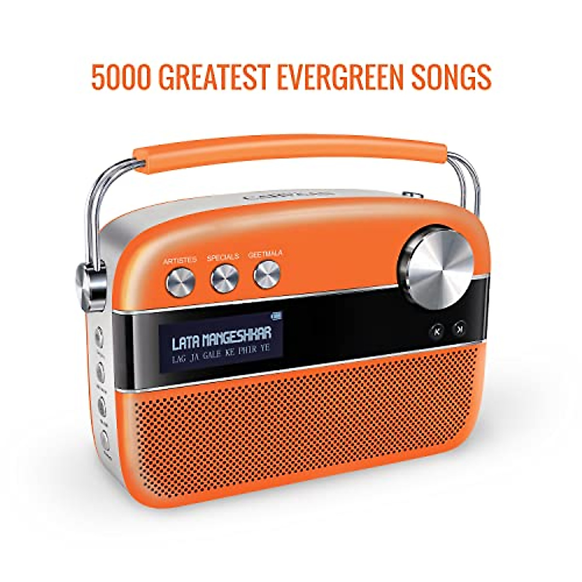 Saregama Carvaan Premium (Pop Color Range) Hindi - Portable Music Player with 5000 Preloaded Songs, FM/BT/AUX (Candy Orange)