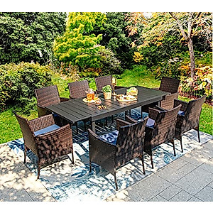 PHI VILLA 9 Piece Outdoor Dining Table Sets, Expandable Rectangular Metal Dining Table and 8 Rattan Chairs for Patio, Deck, Balcony