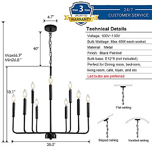 Black Chandelier, Modern Farmhouse Chandeliers for Dining Room 9-Lights Candle Pendant Lights Kitchen Island Rustic Industrial Black Metal Hanging Light Fixtures for Living Room Bedroom Entryway
