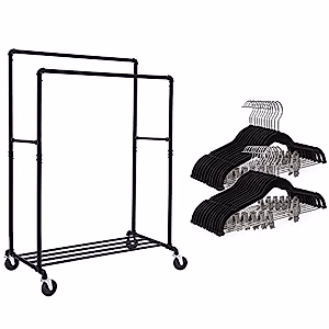 SONGMICS Industrial-Style Pipe Clothes Rack Bundle with 30 Clothes Hangers, Rolling Garment Rack with Bottom Storage Shelf, Velvet Hangers with Adjustable Clips, Black UHSR60B and UCRF12B30
