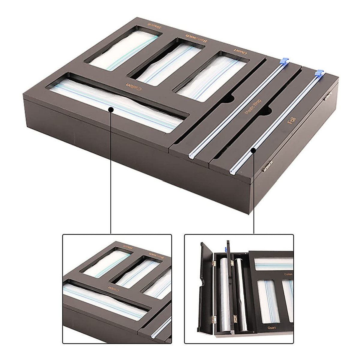 Rejuvv Bamboo 6 IN 1 Foil And Wrap Dispenser With Food Storage Bag Organizer for Kitchen Drawer, Foil And Baggie Organizer, Compatible With Wrap, Foil, Gallon, Quart, Snack Bags (Black)