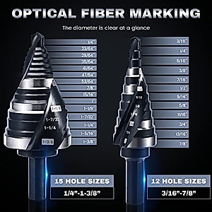 BLEKOO Step Drill Bits, Total 27 Sizes, Double Spiral Fluted 7/8" to 1-3/8" 2 PCS Set for Stainless Steel, Wood, Plastic, M2 HSS, 3/8 Triangle Shank