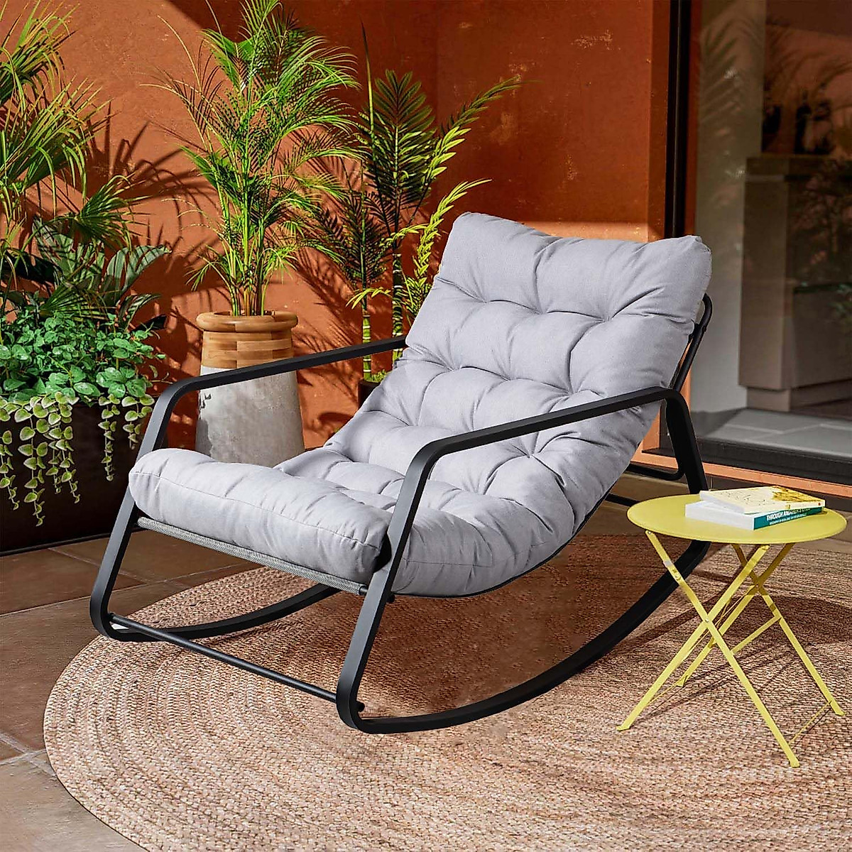 WQSLHX Oversized Patio Rocking Chair with Cushion, Indoor Metal Lounge Rocker Chair, Outdoor Lazy Chair for Front Porch, Garden, Backyard, Lawn, Gray