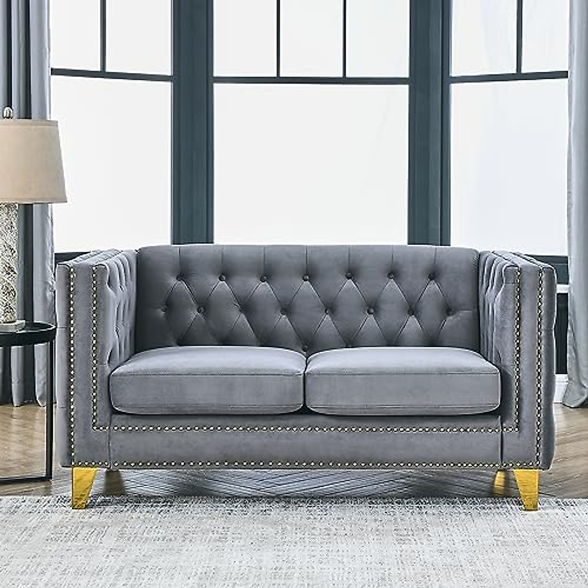 Melpomene Velvet 58" Upholstered Button Tufted Loveseat Sofa with Metal Legs, Chesterfield Sofa 2 Seat Sofa with Nailhead Trim,Grey