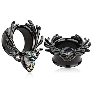 KUBOOZ(1 Pair Black Sea-shell Forest Antlers Slivery Opal Ear Plugs Tunnels Gauges Stretcher Piercings