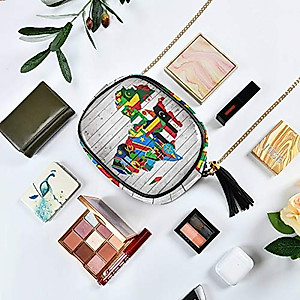 ALAZA Women's Africa Continent Flag Map Wood Cross Body Bag Chain Shoulder Handbag Purse with Tassel