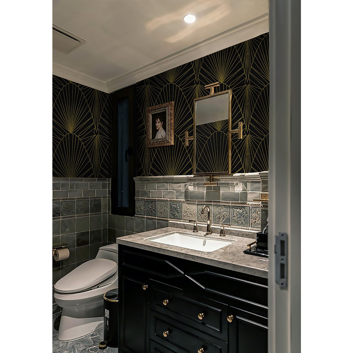 Yasinet Peel and Stick Wallpaper Black and Gold Wallpaper for Bathroom Removable Black Contact Paper Black Geometric Self Adhesive Wallpaper Decorative for Wall Cabinet 17.3”x118.7”