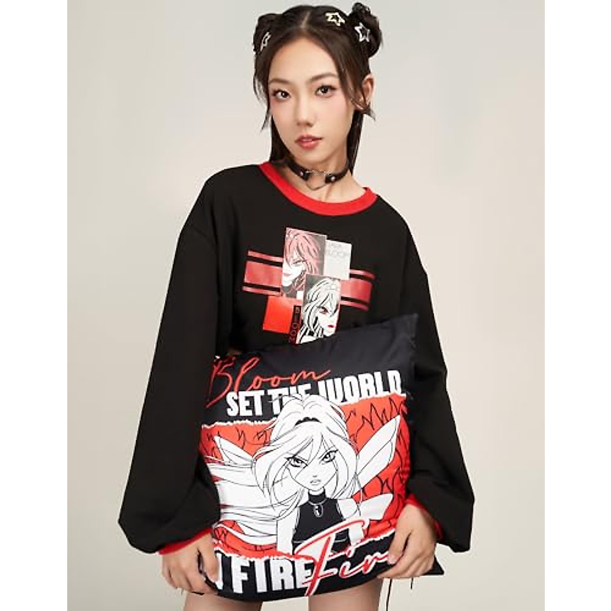 Winx Club Women's Dark Bloom Long-sleeves Blouser and Shorts Loungewear Two-Piece Pajamas Set Sleepwear (Large) Black