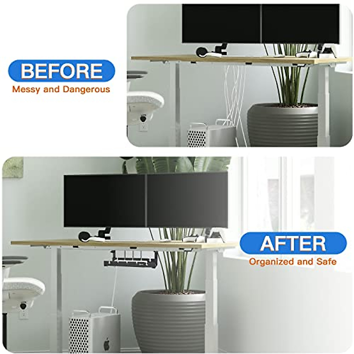 CaSZLUTION Under Desk Cable Management Tray, No Drill Steel Desk Cord Organizer with Clamp Mount, Retractable Wire Management Tray Under Table Cable Rack for Office Home - Black