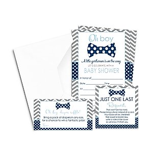 Paper Clever Party Bow Tie Baby Shower Invitation Bundle with Blank Invites with Envelopes for Boys, Diaper Raffle Insert Bring a Book Cards Set (25 of Each) Little Man Theme Blue and Grey
