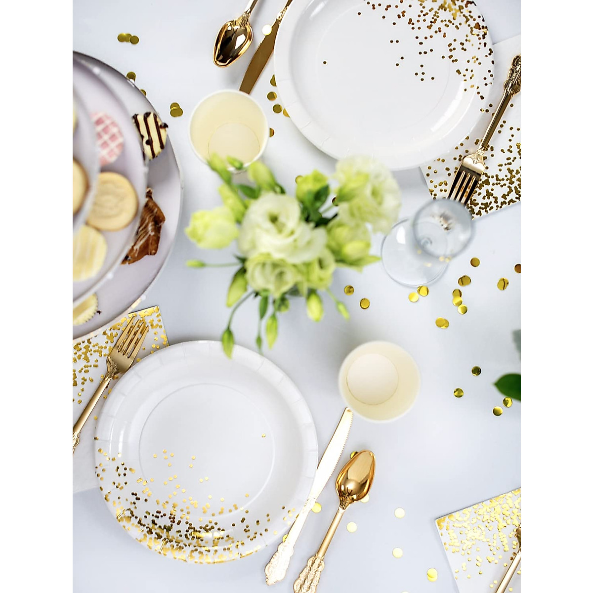 Party Chic 50 Count 7” Inch White and Gold Paper Plates Fancy Paper Plate Dessert Plates New Years Disposable Plates 50th Anniversary Thanksgiving Christmas Holiday
