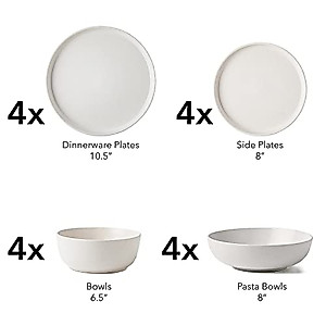 ARORA SKUGGA Round Stoneware 16pc Double Bowl Dinnerware Set for 4, Dinner and Side Plates, Cereal and Pasta Bowls - Matte White (466077)