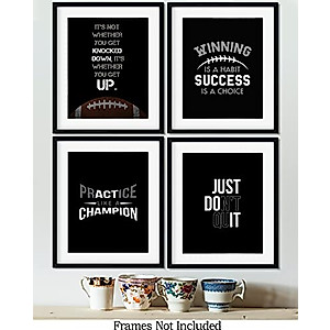 Govivo Inspirational Football Quote Wall Art - Set of 4 Motivational Football Prints - Football Room Decor - Football Wall Art for Boys Bedroom, Locker Room, or Coach Gift - 8x10 unframed prints