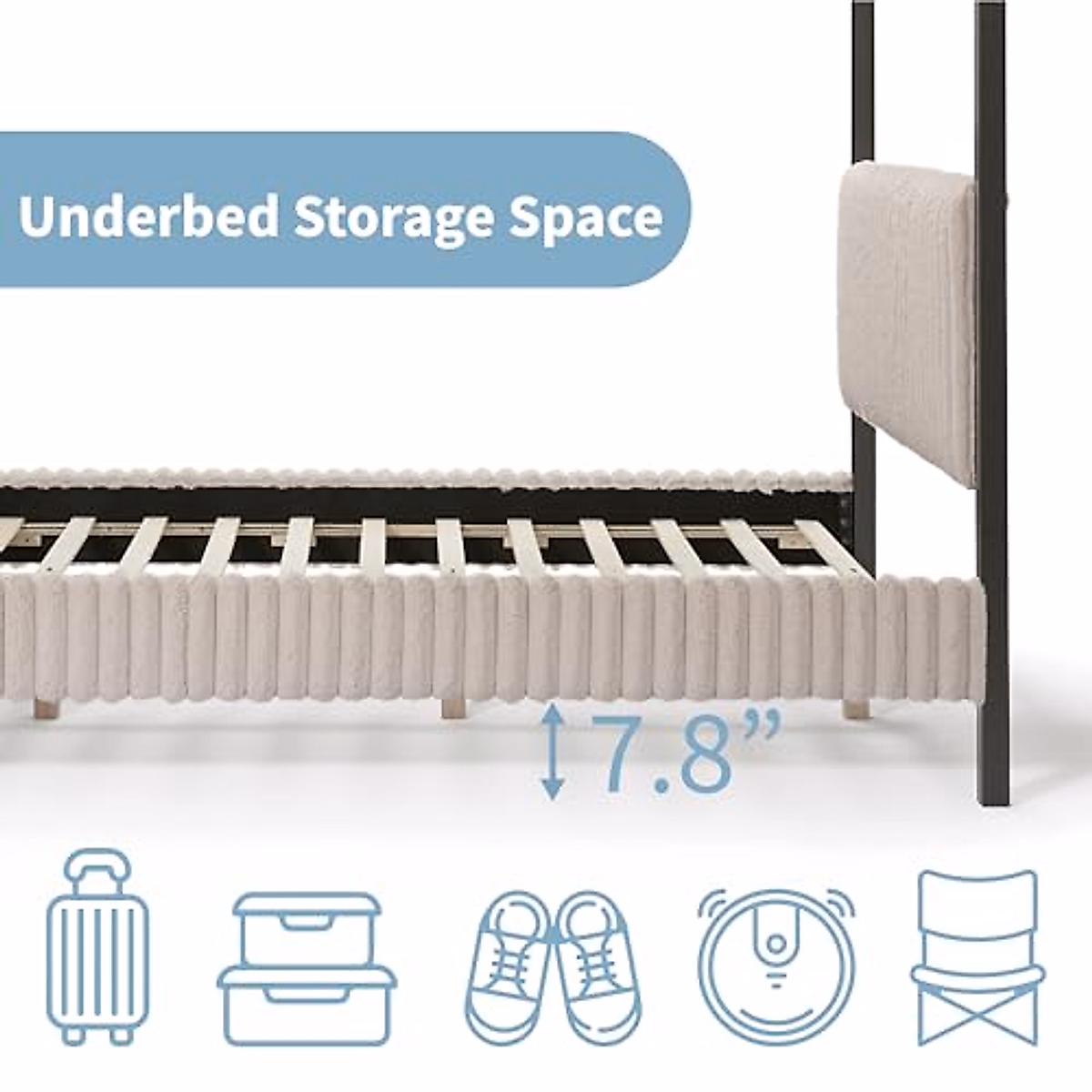 HOMES: Inside + Out Evadne Modern Canopy Bed Frame Queen Size with Channel Upholstered Headboard and Wooden Slats Support for Bedroom, Guest Room, No Box Spring Needed, Light Brown