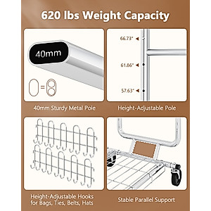 Hoctieon 2-Minute Assembly Double Rod Clothes Rack, Heavy Duty Rolling Clothing Racks with Wheels, Foldable Commercial Garment Rack, Extendable Hanging Bar, Adjustable Metal Pole with Hooks, Chrome