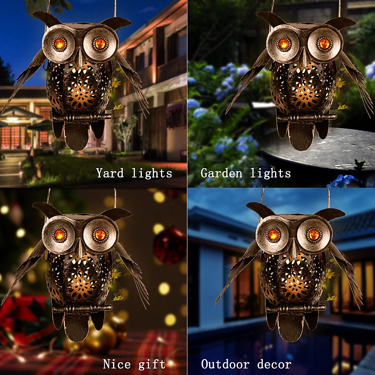 JCWH Fake Owl Solar Light,Auto On-Off Black Metal Waterproof,Animal Statue Decorative with Sheep Hook for Garden Backyard