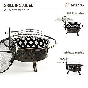 Oneinmil 2 in 1 Fire Pit with Grill, 30'' Wood Burning Outdoor Fire Pits Outside with Metal BBQ Grill, Spark Screen, Poker for Patio, Backyard, Garden