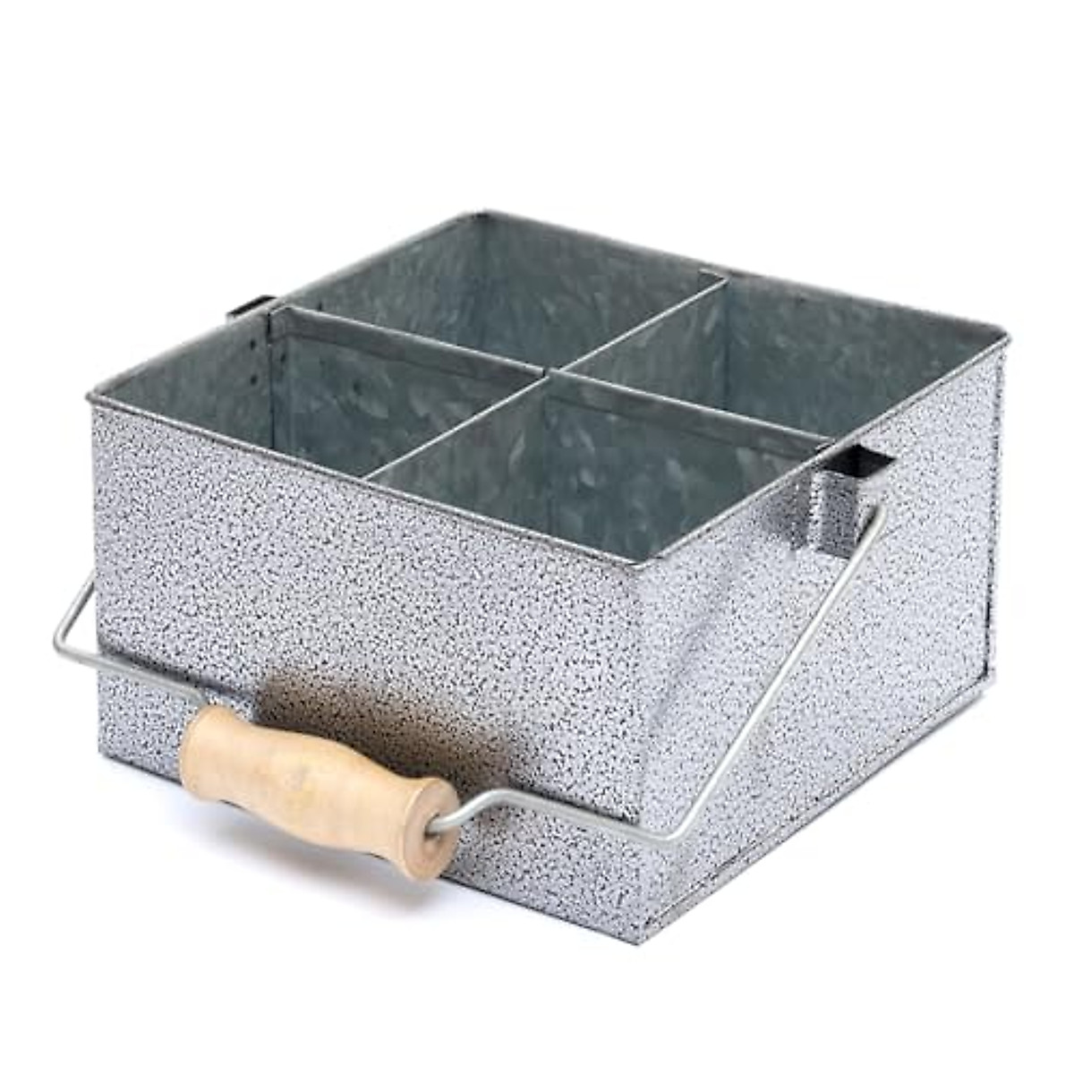 THE ARTIQUE Handmade Farmhouse Galvanized Metal Condiments Square Caddy with Silver Texture and Foldable Handle for KItchen Utenlsils, Dinning Table, Silverware, Picnic, Party Etc-SILVER ANTIQUE