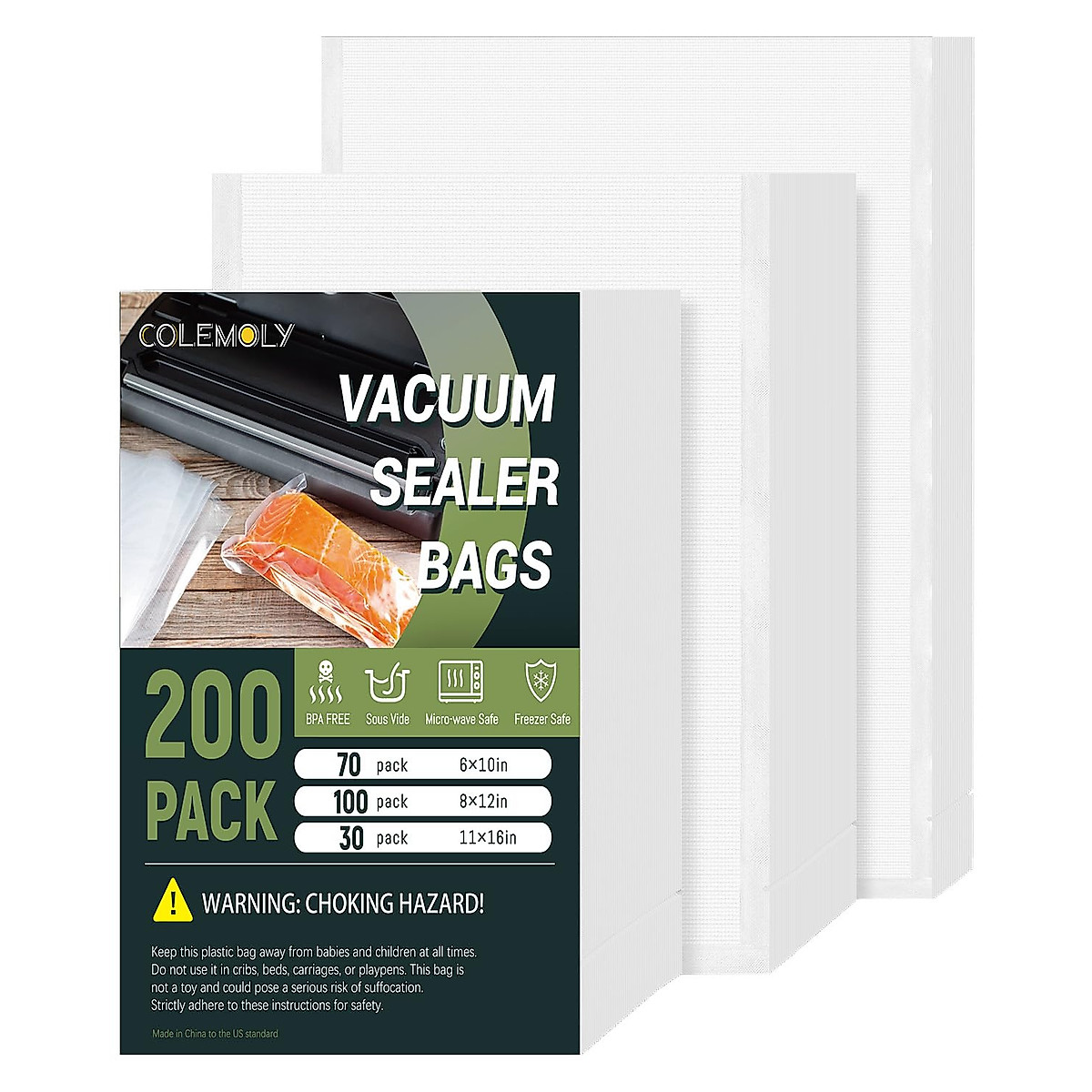 Colemoly Vacuum Sealer Bags for Food 200 Count Gallon 11" x 16", Quart 8" x 12" and Pint 6" x 10" Commercial Grade BPA Free Precut Vacuum Seal Bags for Meal Prep Storage Sous Vide