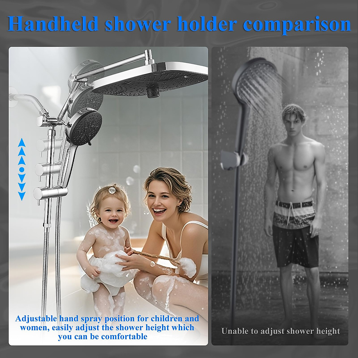 10+9 Functions High Pressure Rain/Rainfall Shower Heads With Handheld Spray Combo(Built-in Power Wash Mode), 10 Inch Double/Dual Shower Head With Handheld - Height/Angle Adjustable(Polished Chrome)