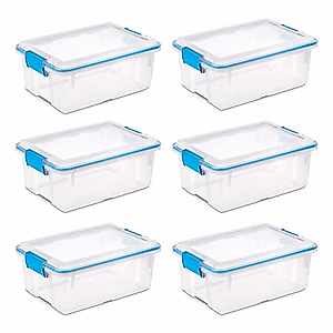 Sterilite 12 Qt Gasket Box, Stackable Storage Bin with Latching Lid and Tight Seal, Plastic Container to Organize Basement, Clear Base and Lid, 6-Pack
