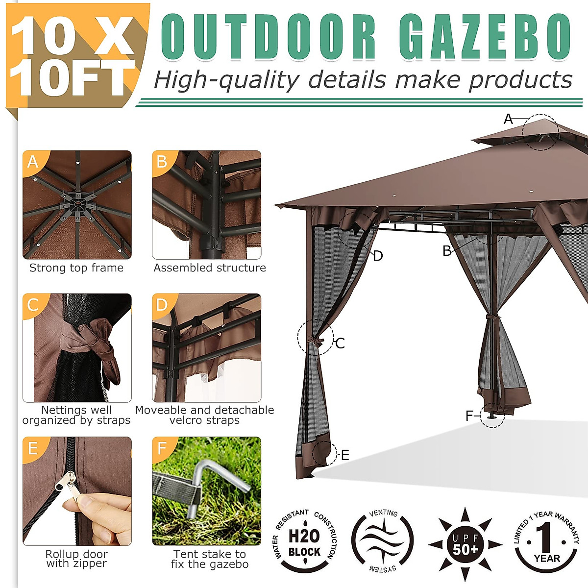 COBIZI 10x10 Gazebos on Clearance, Outdoor Gazebo with Mosquito Netting and Double Roof, Metal Gazebo with Steel Frame, Easy Set Water-Resistant Patio Gazebo for Gardens, Lawns & Backyard, Brown