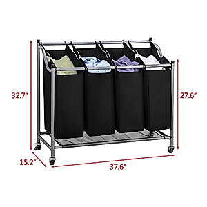 Laundry Sorter Cart 4-Bag Classics Rolling Laundry Hamper, Sturdy Frame with 60KG Weight Capacity, Black
