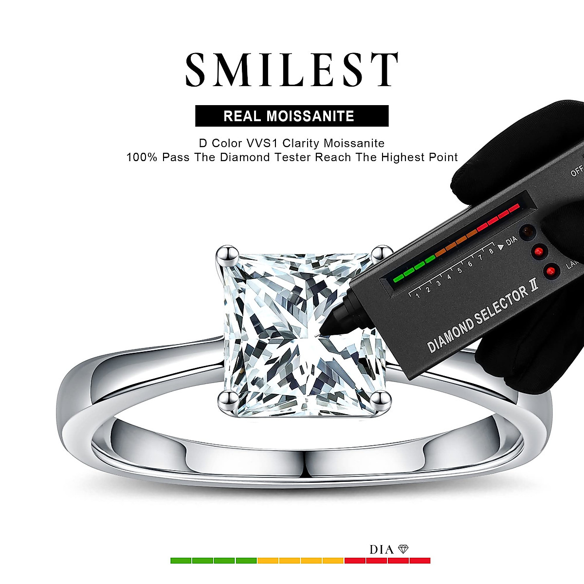 SMILEST 1.5ct Moissanite Rings for Women, Princess D Color VVS1 Clarity Lab Created Diamond Moissanite Ring Rhodium Plated Solid 925 Sterling Silver Moissanite Engagement Ring for Women Wife Gifts