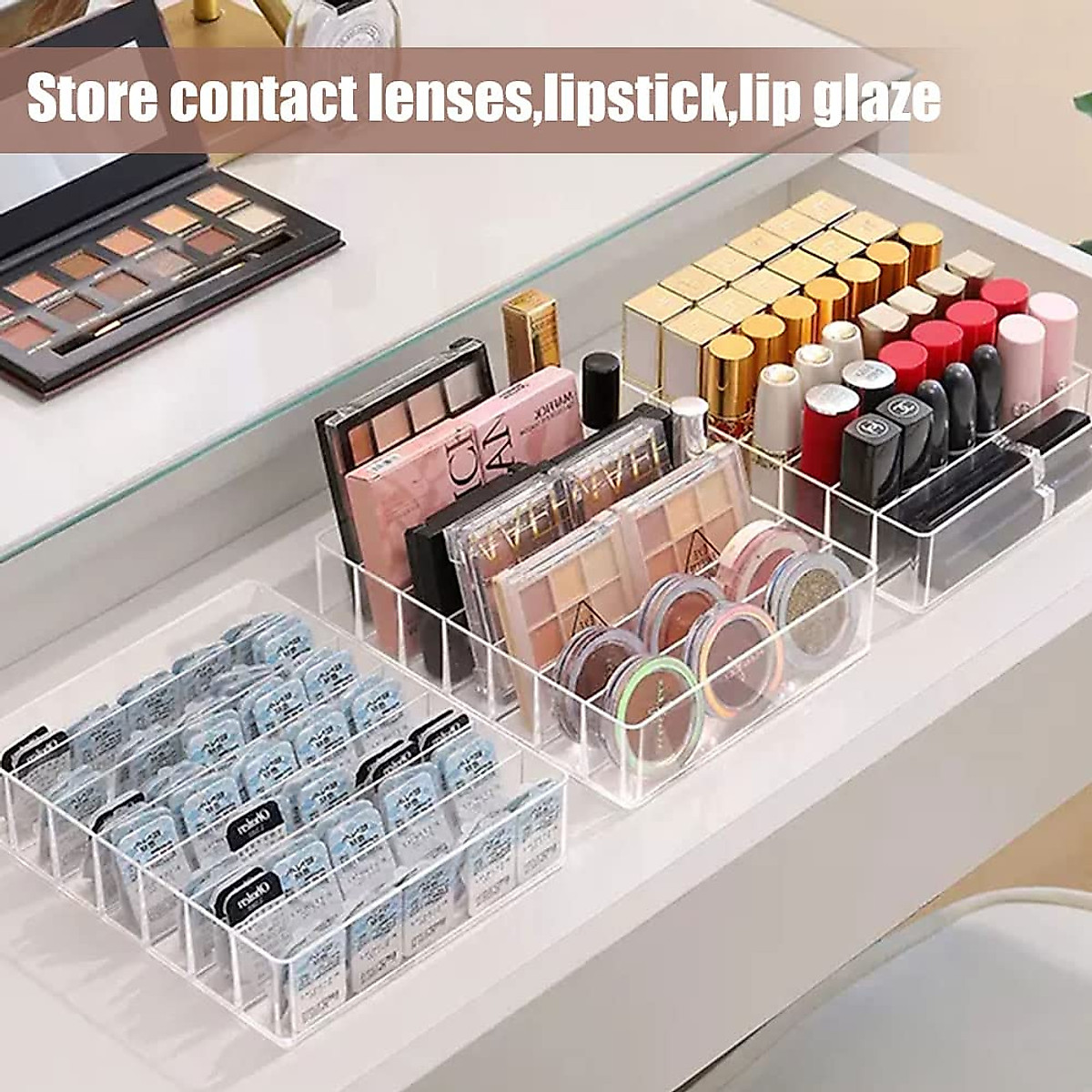 TWUTGAYW Eyeshadow Palette Organizer, Acrylic Clear Make Up Organizers and Storage Holder, Cosmetics Makeup Drawer Organizer for Vanity Bedroom 7 Section BPA Free Vanity Organizers and Storage
