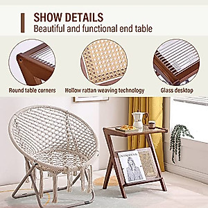 Tiita Rattan Nightstand Side Table, Bamboo Accent Bedside Tables, Glass Coffee Tables, Boho Wooden End Table with Storage for Small Space, Living Room and Bedroom