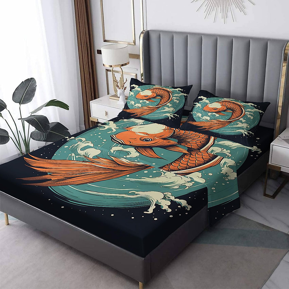 THYUNQ Koi Fish Sheets Full Size Bed, Japanese Pattern Bedding Sheets & Pillowcases - 16 Inch Deep Pocket, Super Soft Microfiber Printed Sheet Set 4 Piece