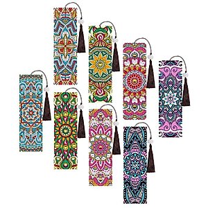 8 Pieces 5D Diamond Rhinestone Painting Bookmark PU Leather Bookmarks Art Beaded Rhinestone Mandala Floral Bookmark with Tassel for Adults