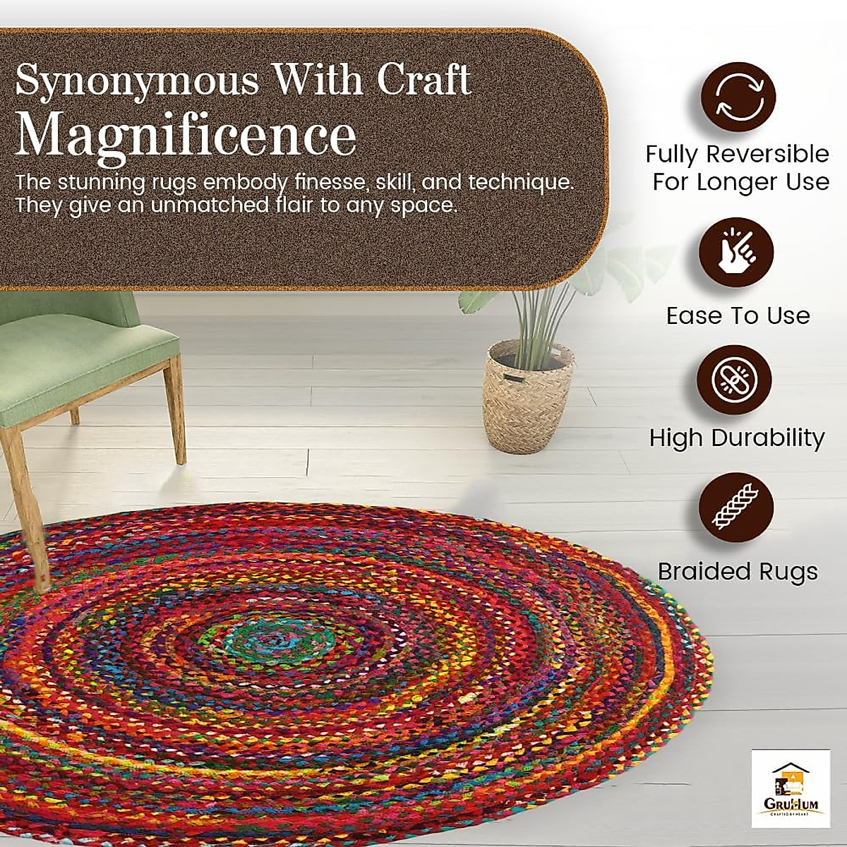 GRUHUM Cotton Area Rug 5ft-Natural Fiber Round Multicolour Handmade Boho Charm Farmhouse Soft Braided Rustic Vintage for Living Room Bedroom Indoor EcoFriendly Kitchen Enterways Hallways(5'ft Round)