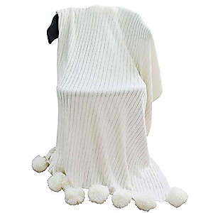TEALP Pom Pom Blanket White Cotton Knitted Throw Blanket with Pom Poms (Cream White, 40''x60'')
