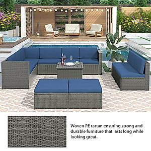 Merax 9 Pieces Patio Furniture Set Outdoor Conversation PE Wicker Rattan Sectional Sofa, Coffee Table and Ottoman, Gray