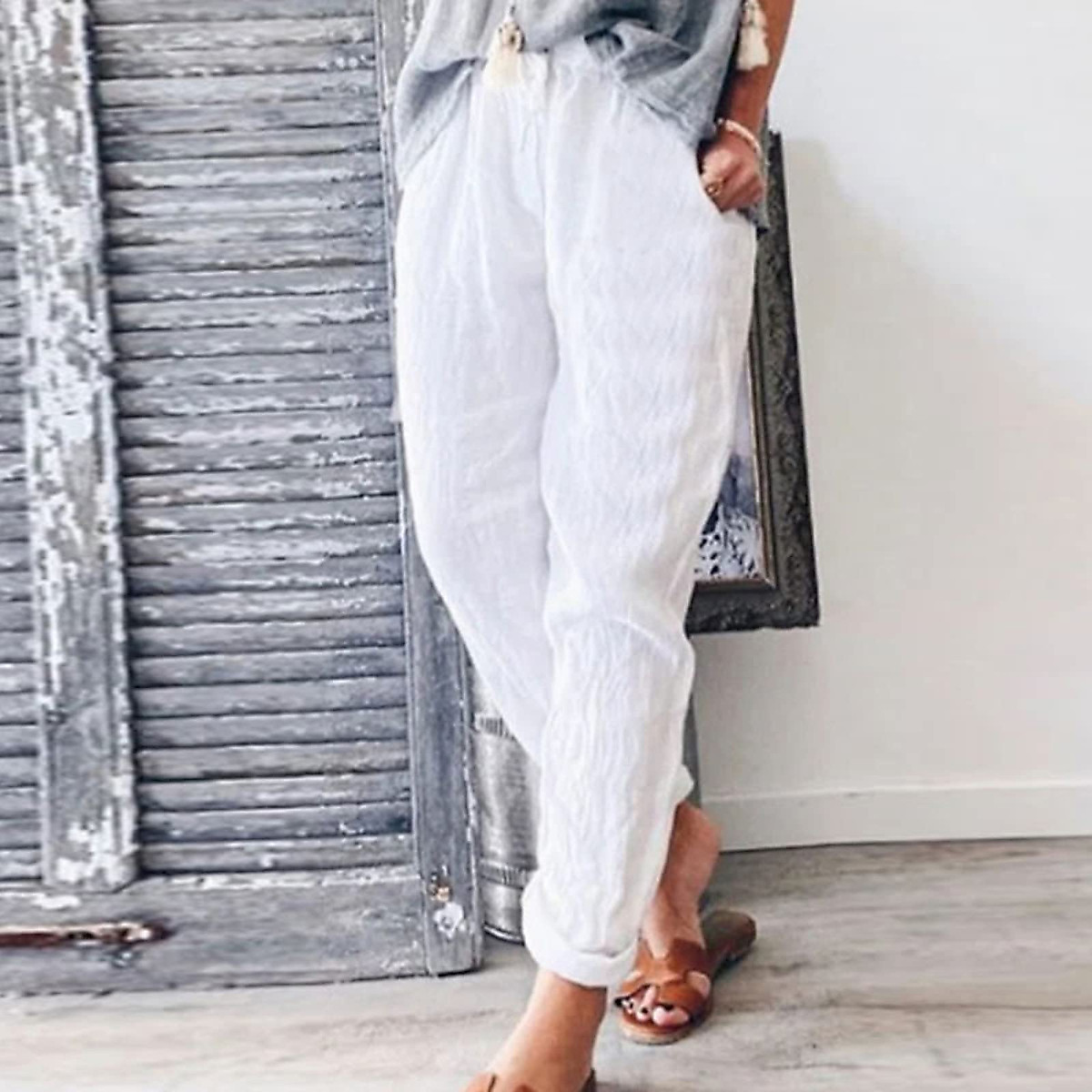MEKOUIYE Clearance Women's Linen Boho Harem Pants Summer Wide Leg Loose Capris Pants Beach Yoga Trousers Pockets Pluse Size A-White