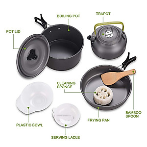 Camping Cookware Mess Kit, Lightweight Hiking Cookware Set with Mesh Bag, Nonstick Aluminum Cooking Kit,Outdoor Pot Pan Kettle Backpacking Mess Kit with Bowls