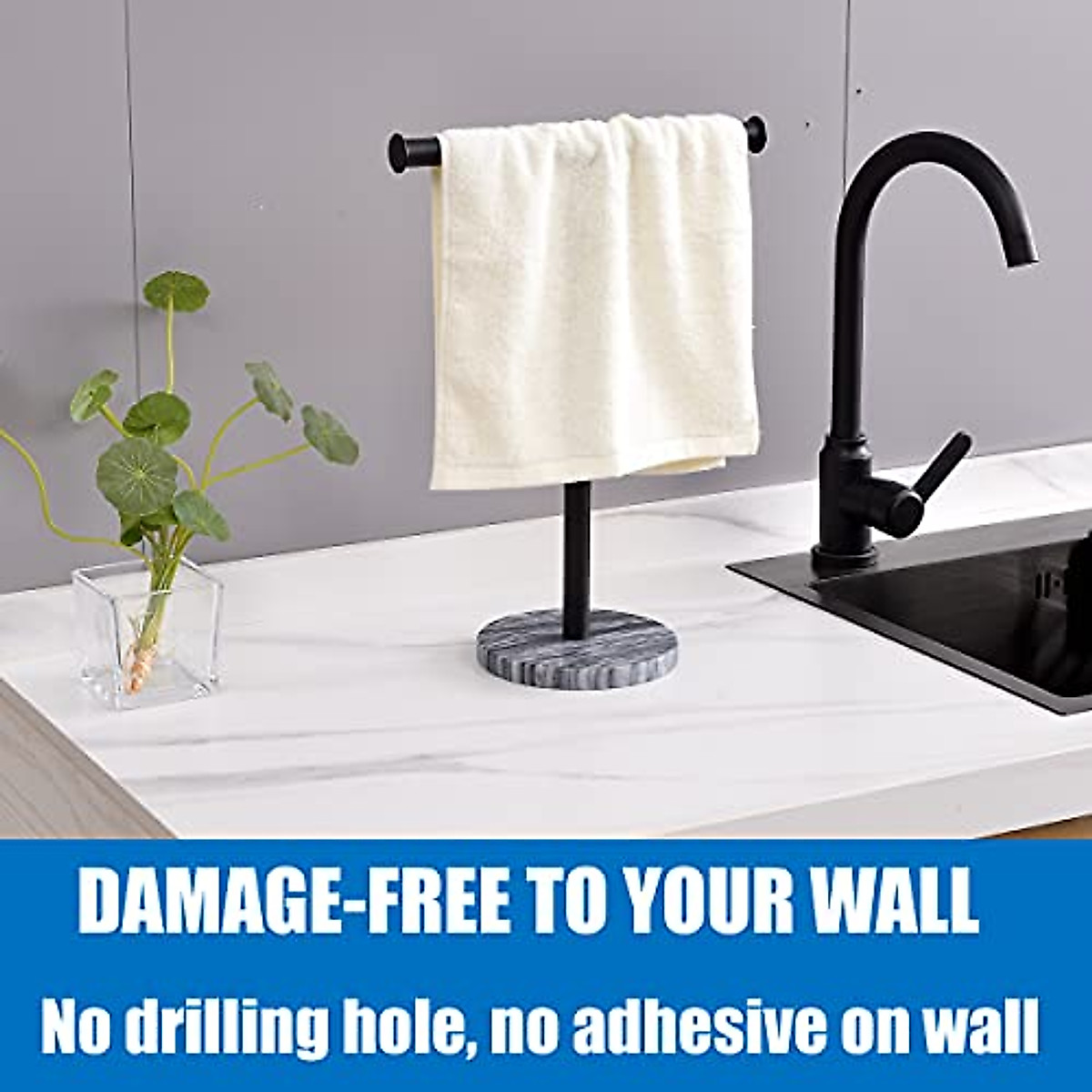 neutral brand Countertop Towel Rack with Heavy Marble Base T-Shape Bathroom Hand Towel Holder Stand SUS304 Stainless Steel, Dual Washcloth Display (Black)