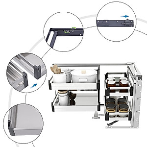 LOYALHEARTDY Blind Corner Cabinet Pull Out, 15in Open Stainless Steel Blind Corner Cabinet Organizer with 2 Tiers 4 Baskets Blind Corner Soft Close Swing Tray for Right Handed Open Cabinet