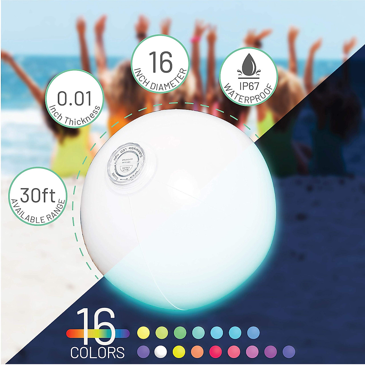 Pool Toy 16" LED Glow Beach Ball Toy with 16 Color Changing Lights, Glow in Dark Pool Games Toys for Teens Adults, Great for Summer Parties, Pool/Beach Parties, Raves, or Blacklight/Glow Parties