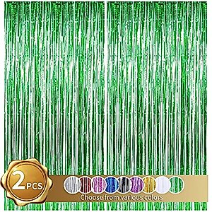 BEISHIDA 2 Pack Foil Fringe Curtains Green Photo Backdrop Streamer Curtain Tinsel Metallic Curtains Photo Props Background for Christmas Wedding Bridal Shower Birthday Party Decor(3.28 ft x 6.56 ft)