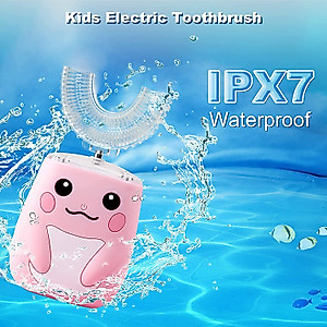 Kids Electric Toothbrush, U Shaped Ultrasonic Automatic Tooth Brush, Toothbrush with 2 Brush Heads, Six Cleaning Modes, IPX7 Waterproof, Cartoon Modeling Design for Toddler Children (Pink, 8-15Y)