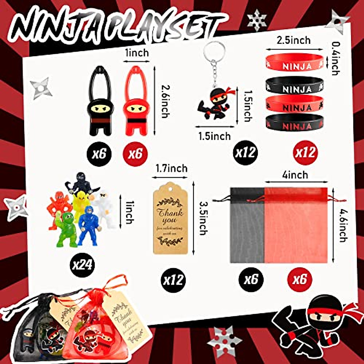 84 Pcs Ninja Party Favors Include 12 Stretchy Flying Ninjas, 24 Mini Ninja Figurines, 12 Ninja Silicone Wristbands, 12 Ninja Keychains, 12 Red and Black Organza Bags and 12 Gift Tags for Birthday
