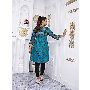 IshDeena Pakistani Kurtis for women Indian Style Cotton Tunics Womens Tops Printed Lawn (Small, Teal)