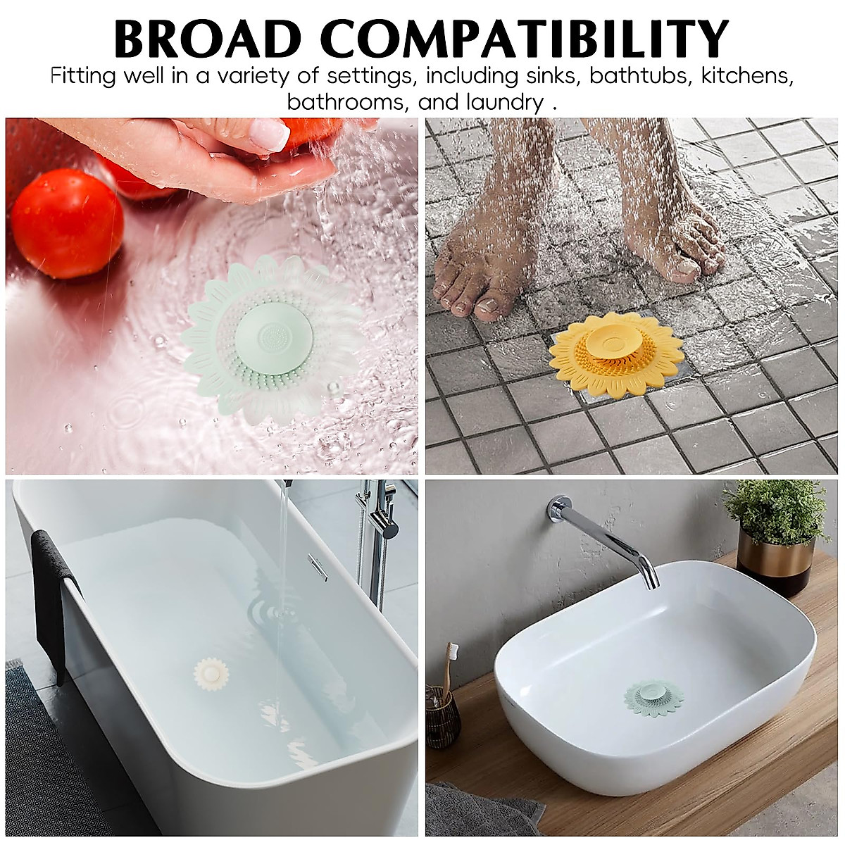 TECHPLUS Shower Drain Hair Catcher - Flowers Bath Drain Silicone Cover, Hair Filter & Drain Stopper for Tub, Sink, Kitchen, Bathroom, Laundry 4Pack