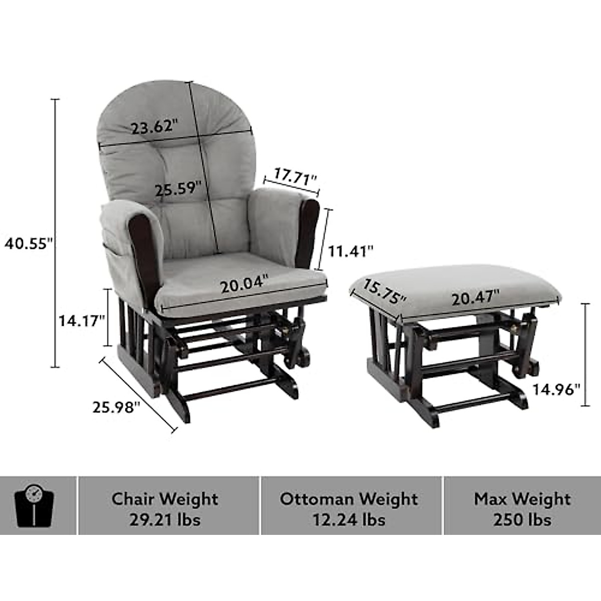 Nursery Glider & Ottoman Sets, Reclining Swivel Glider Rocker with Ottoman, Nursery Rocking Breastfeeding Maternity Chair for Baby Room, Recliner Glider with Ottoman, Padded Arms - Espresso, Dark Gray