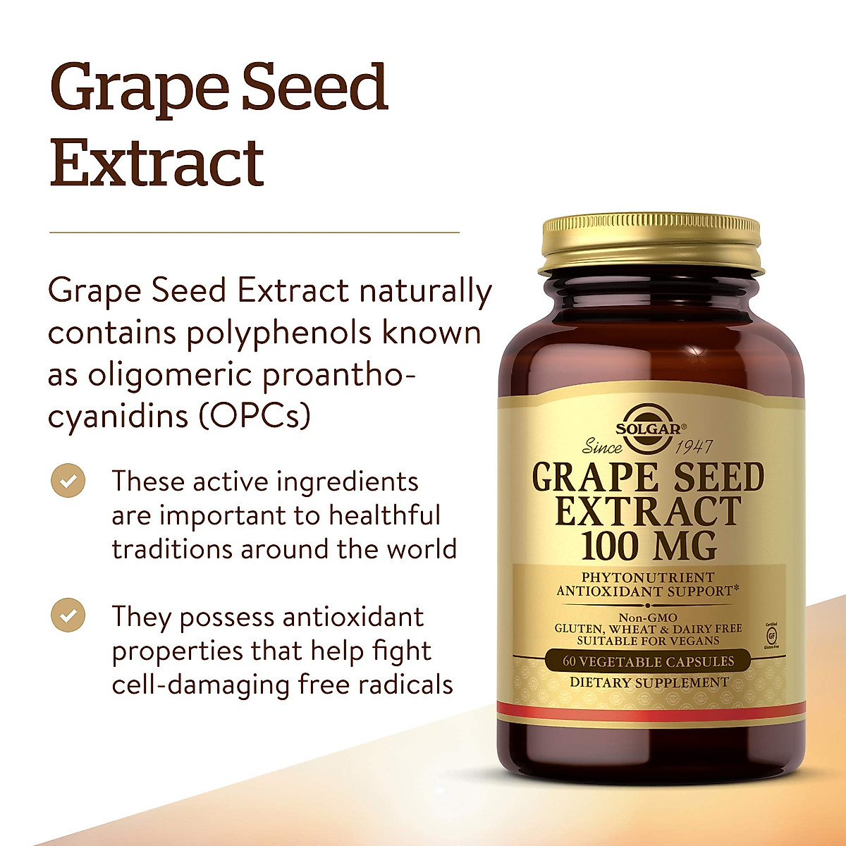 Solgar Grape Seed Extract 100 mg, 60 Vegetable Capsules - Phytonutrient Antioxidant Support - Cardio Support - Vegan, Gluten Free, Dairy Free - 60 Servings