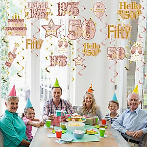 Turypaty Pink Gold 50th Birthday Decorations Hanging Swirls for Women, Rose Gold Happy 50th Birthday Vintage 1975 Foil Swirls Party Supplies, Fifty Year Old Birthday Ceiling Decor