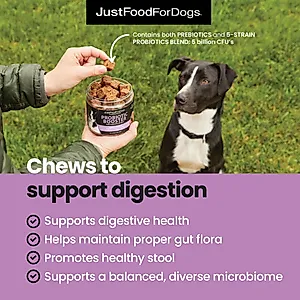 JustFoodForDogs Probiotic Booster Gut Health Soft Chews Supplement for Dogs, Digestive Health Support, Diarrhea, Human Grade Ingredients - 45 Count