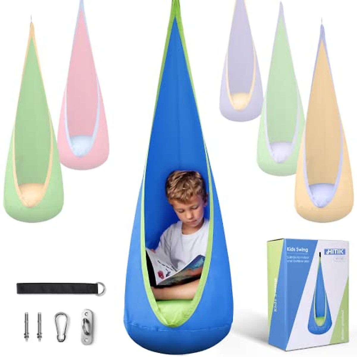 HITIK Kids Pod Swing Seat Holds Up to 300 LBS, Indoor Swing for Kids Hanging Hammock Chair with Upgraded Inflatable Cushion & All Accessories, Sensory Swing for Kids Indoor and Outdoor Use (Blue)